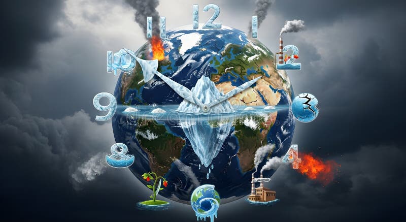 Earth As a Clock Face with Melting Ice, Pollution, and Environmental ...