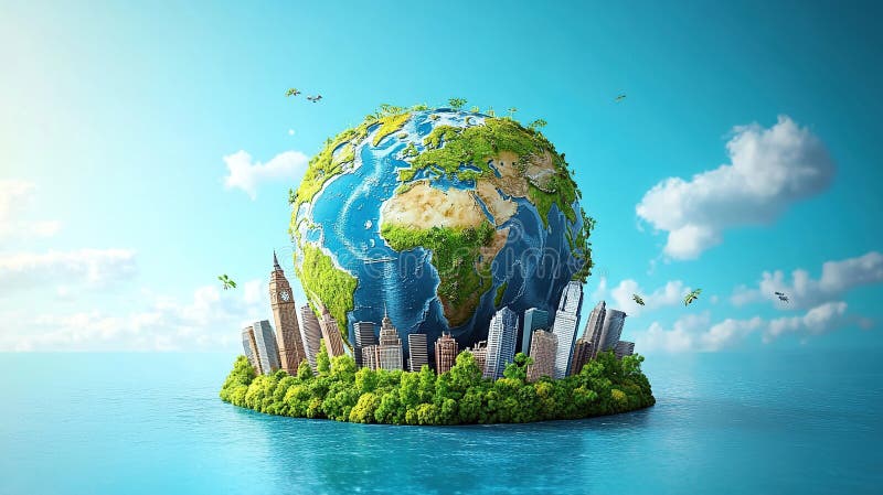 Earth As an Island with Global Cities Stock Illustration - Illustration ...