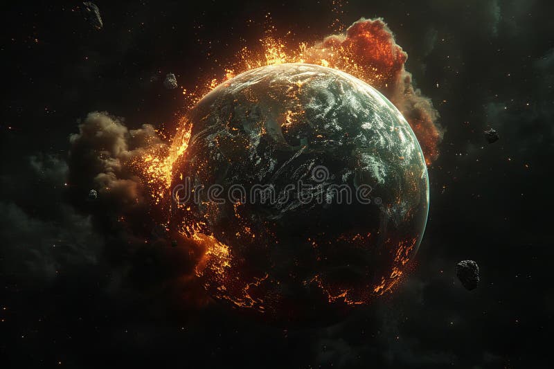 The Earth Being Destroyed by an Asteroid, Dark Background, Planet Earth ...