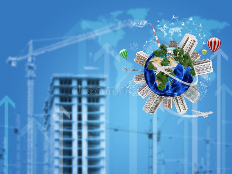 Earth with Buildings and Airplane. World Map As Stock Illustration ...