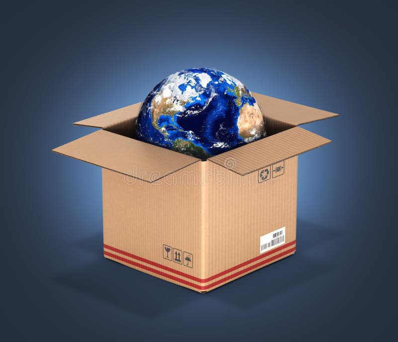 Earth In A Cardboard Box On Blue Gradient Background 3d Stock ...