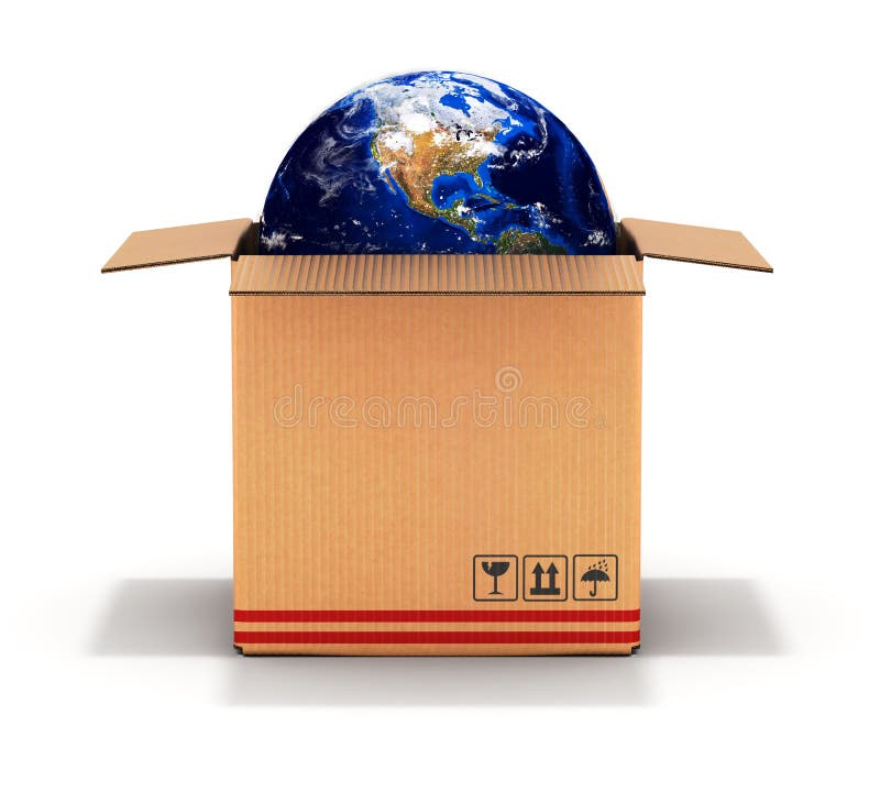 Earth In A Cardboard Box On Blue Gradient Background 3d Stock ...