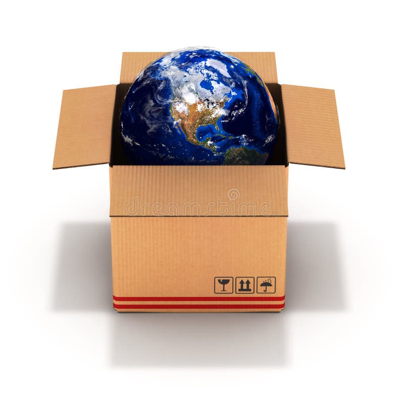 Earth In A Cardboard Box On Blue Gradient Background 3d Stock ...