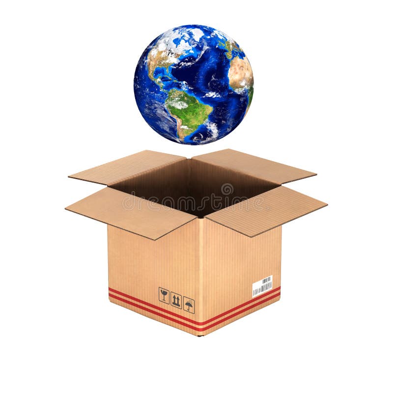 Earth In A Cardboard Box On Blue Gradient Background 3d Stock ...