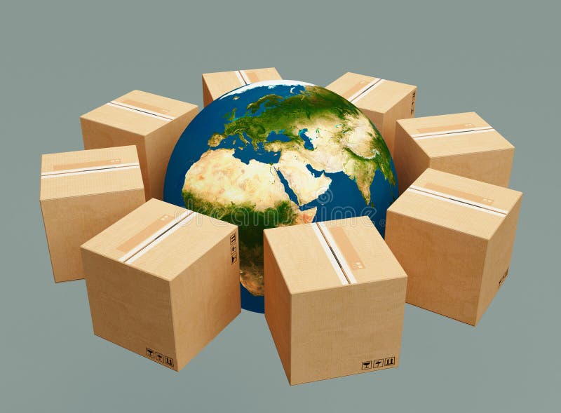 Earth and Cardboard Boxes, 3d Rendering Stock Illustration ...