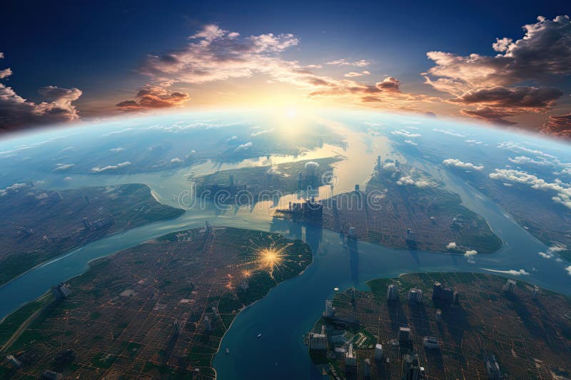 Earth and City Space View. Satellite or Plane View of the Planet ...