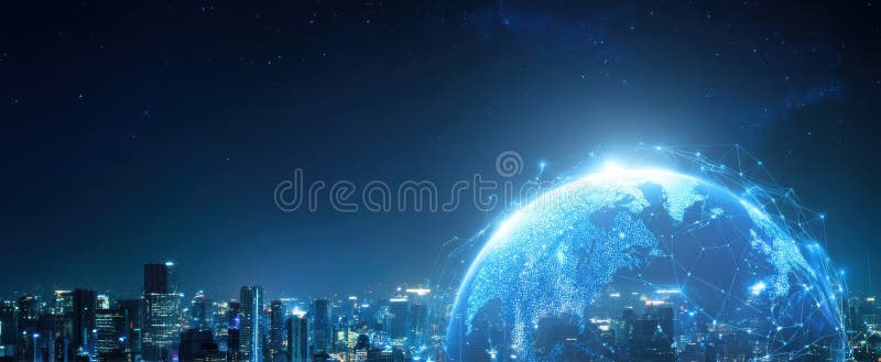 The Earth Connected by a Network of Light and Technology Above a City ...