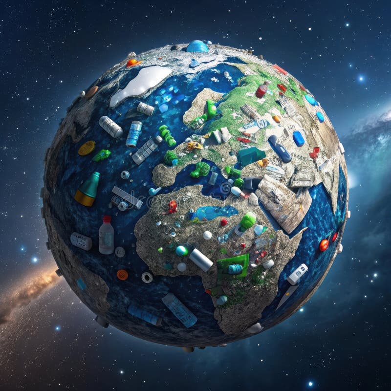 Earth Covered in Plastic Waste Orbiting in Space, Highlighting ...