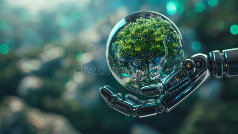 Earth Crystal Glass Globe Ball and Tree in Robot Hand Saving the ...