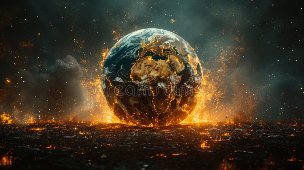 Earth in Danger. Earth Engulfed in Flames or Covered in Pollution Stock ...