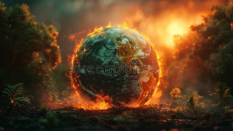 Earth in Danger. Earth Engulfed in Flames or Covered in Pollution Stock ...