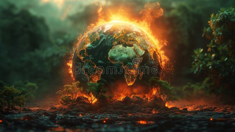 Earth in Danger. Earth Engulfed in Flames or Covered in Pollution Stock ...