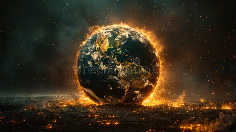 Earth in Danger. Earth Engulfed in Flames or Covered in Pollution Stock ...