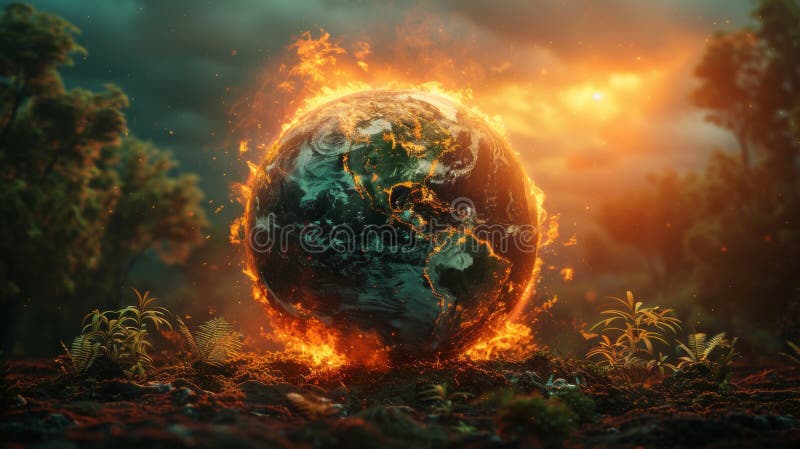 Earth in Danger. Earth Engulfed in Flames or Covered in Pollution Stock ...