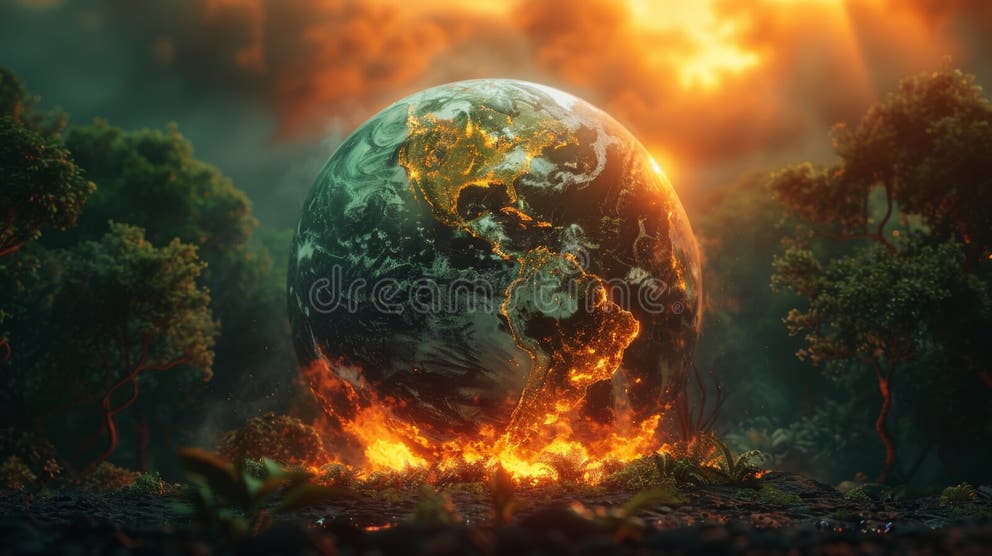 Earth in Danger. Earth Engulfed in Flames or Covered in Pollution Stock ...