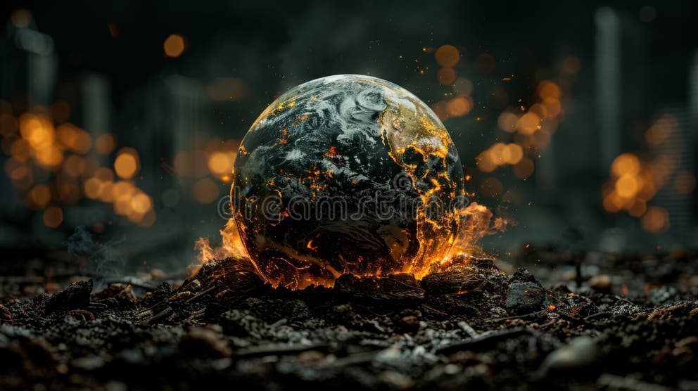 Earth in Danger. Earth Engulfed in Flames or Covered in Pollution Stock ...