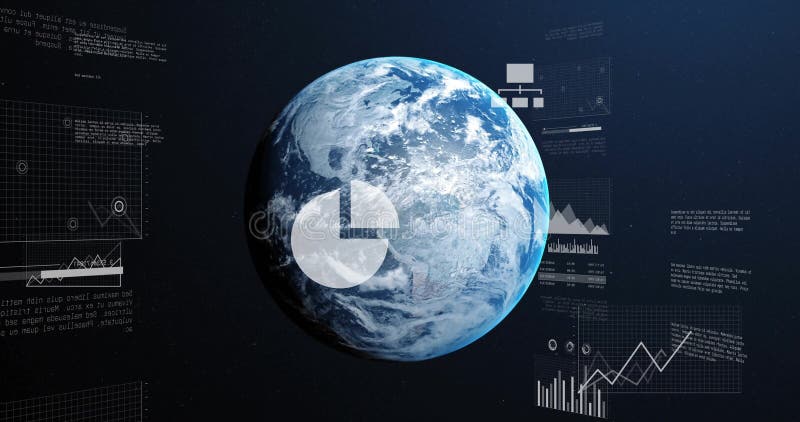Earth with Data Charts and Graphs Animation Over Dark Background Stock ...