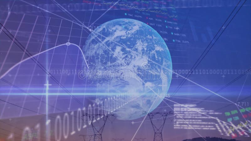 Earth with Data and Graphs Animation Over Power Lines and Sunset ...