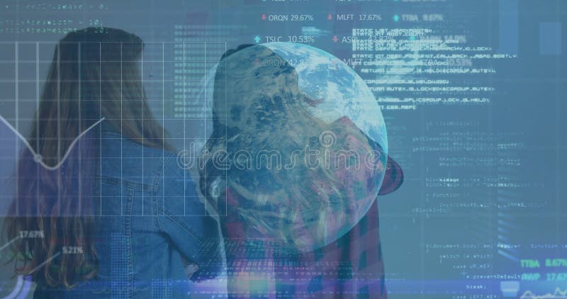 Earth and Data Processing Animation Over People Analyzing Information ...