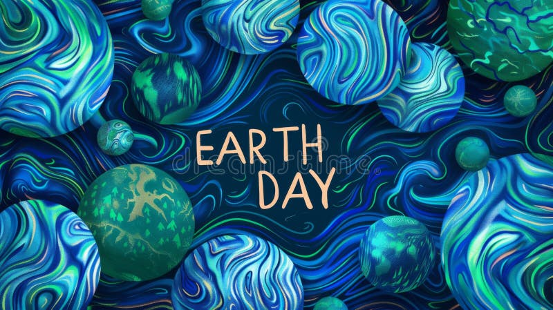 Earth Day Creative Representation with Marbled Spheres on a Blue Wave ...