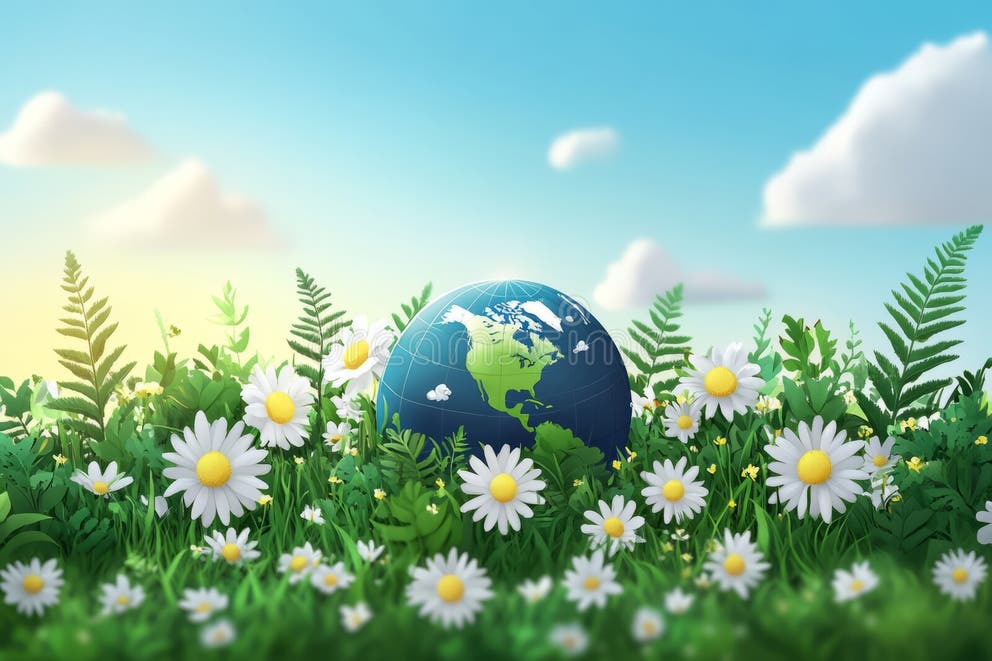 Earth Day: Globe in a Field of Daisies Stock Illustration ...