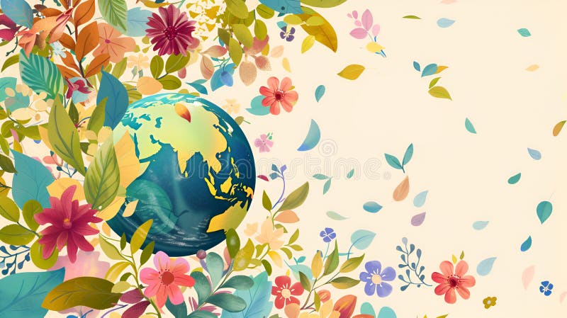 Earth Day Globe with Flowers and Leaves Stock Illustration ...