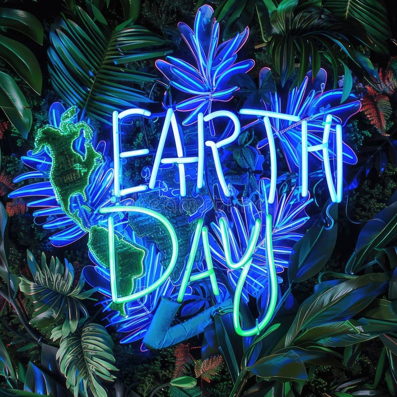 Earth Day Neon Sign with Exotic Leaves Stock Illustration ...