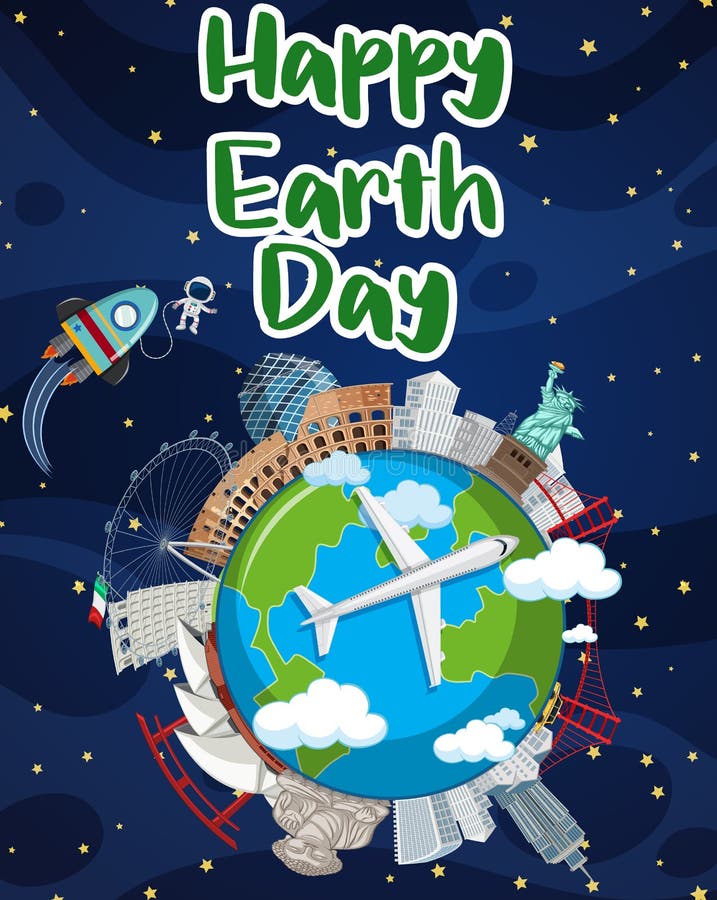 Earth Day Poster Design with Buildings on Earth Stock Vector ...