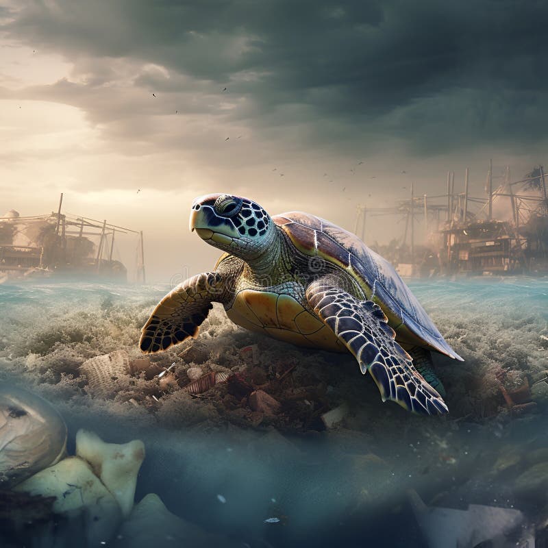 Earth Day, the Theme is the Problem of Ecology, a Turtle in Dirty Water ...
