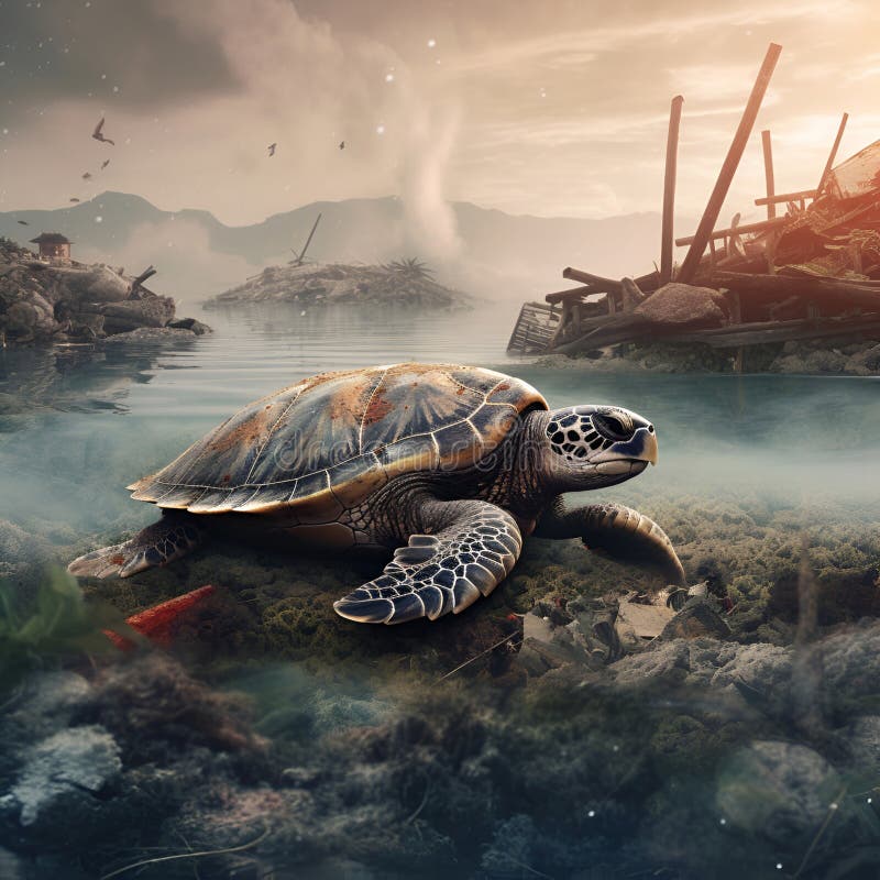 Earth Day, the Theme is the Problem of Ecology, a Turtle in Dirty Water ...