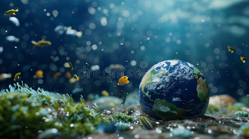 Earth in the Deep Sea with Fishes Stock Image - Image of plant, globe ...