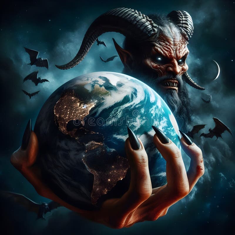 Earth in demon hand stock illustration. Illustration of cartoon - 373198796