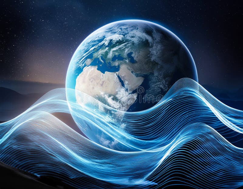 Earth with Digital Waves in Space. Universe and Cosmic Stock ...