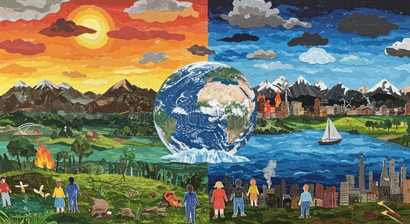 Earth Divided Climate Change Illustration Showing Environmental Impact ...