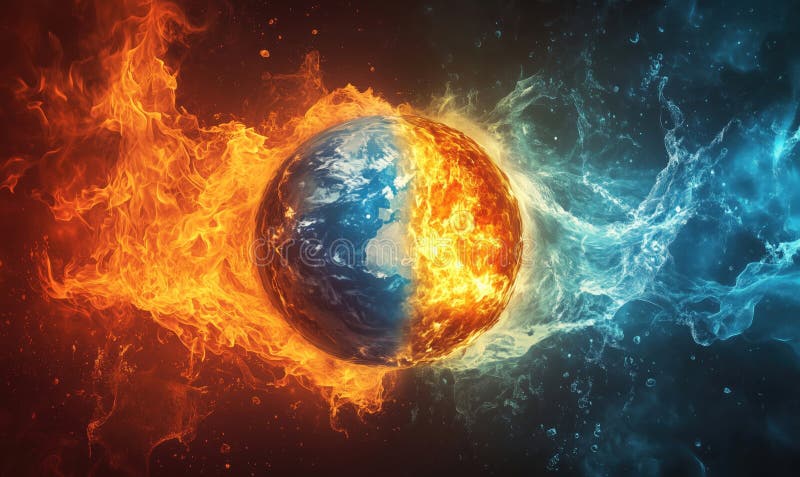 Earth Divided by Fire and Water Elements Representing Climate Change ...
