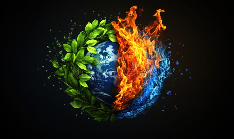 Earth Divided by Fire and Water with Leaves Representing Nature and ...