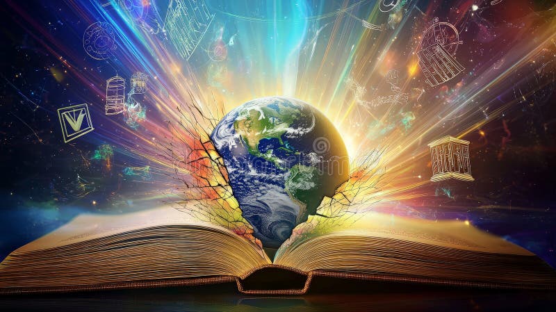 Earth Emerging from an Open Book, Surrounded by Vibrant Light and ...
