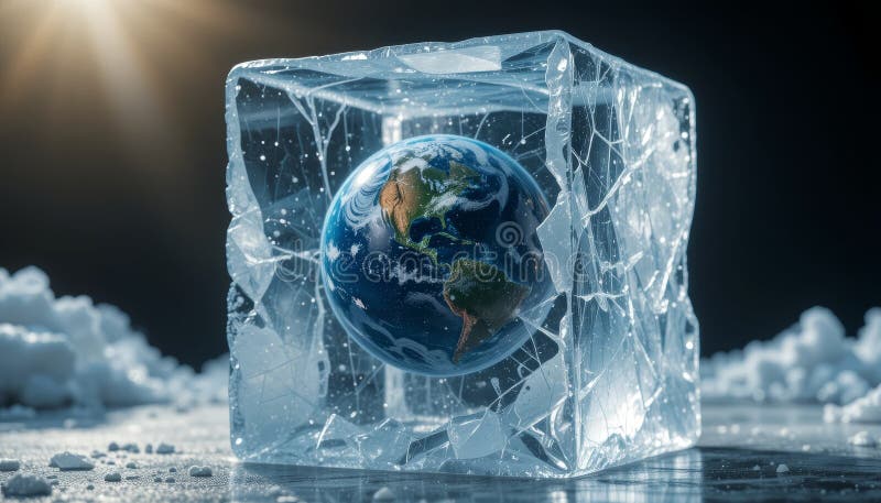 Earth Encased in Ice Cube with Frozen Landscape Stock Illustration ...