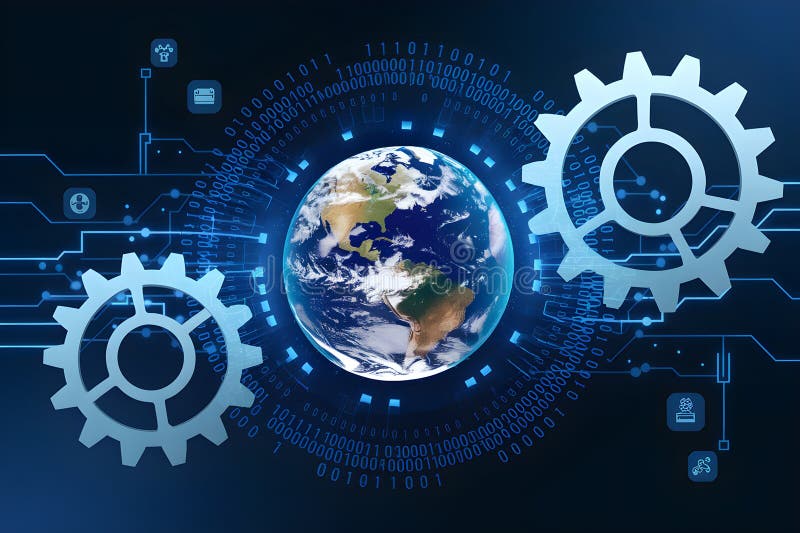 Earth Encircled by Binary Code with Gears, Representing Mechanics and ...