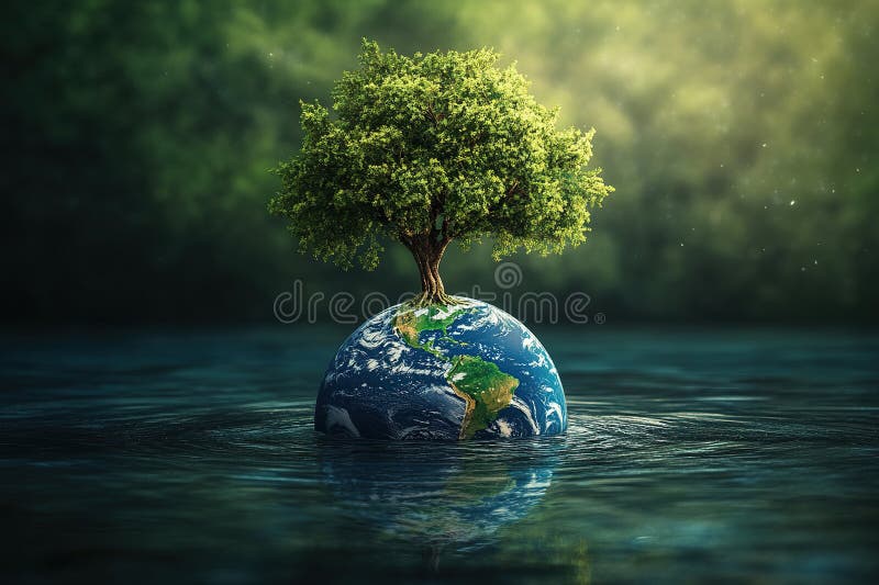 Tree Sprout on Globe in Water. Earth and Environment Day Concept. Green ...