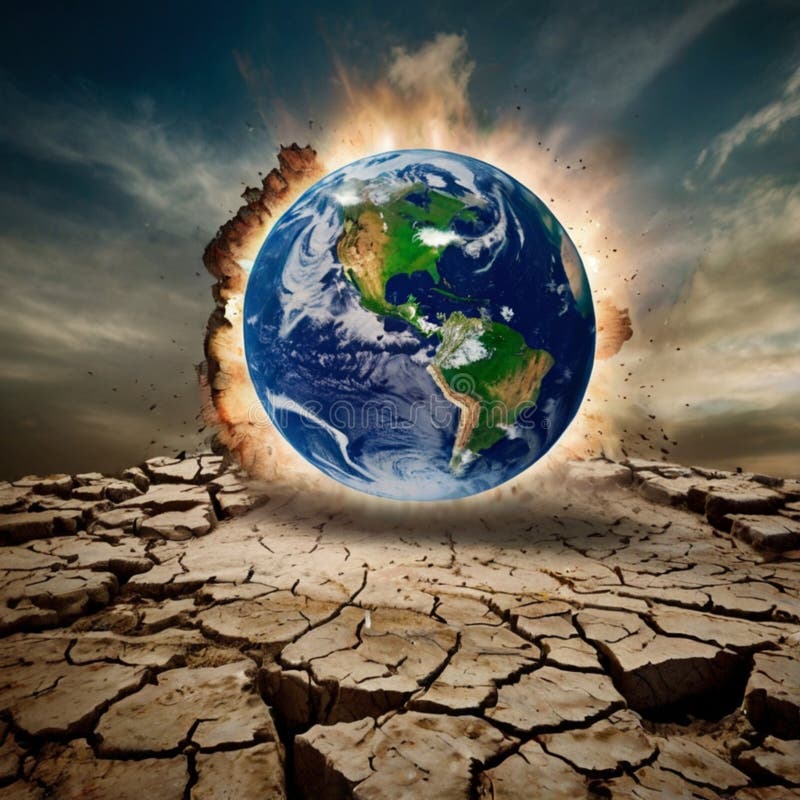 Earth Exploding Amidst Cracked Terrain Under Dramatic Sky Stock Photo ...