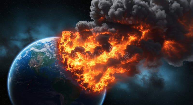 Earth on Fire Concept with Flames and Smoke in Outer Space Stock ...