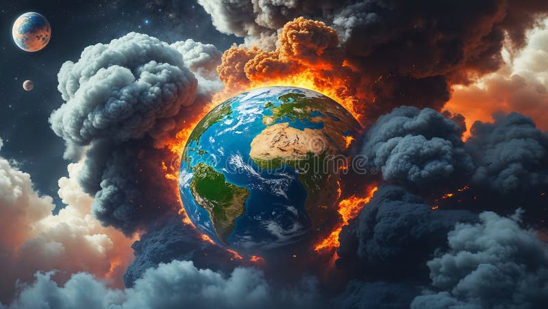 Earth on Fire in Space with Planets and Clouds Stock Illustration ...