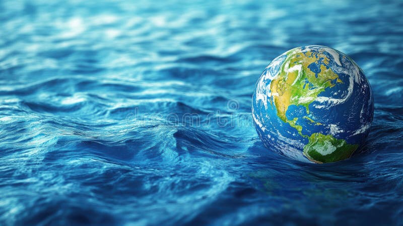 Earth Floating in Blue Ocean Waves Representing Climate Change Effects ...