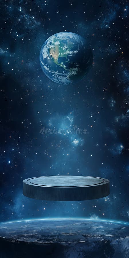 Earth Floating in Space Above a Circular Platform in Cosmic Background ...