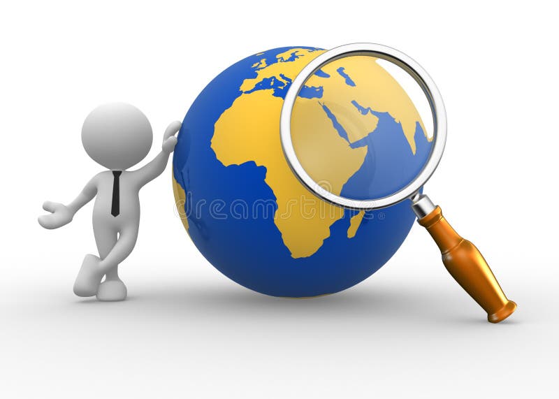 3d Man Holding Magnifying Glass and Looking at Blue Globe Map Stock ...