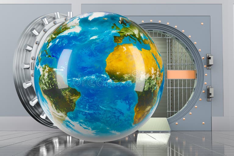 Earth Globe with Bank Vault. Security and Protection Concept, 3D ...
