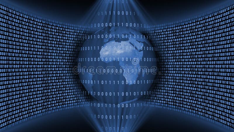 Earth Globe Behind Lines of Binary Code Inside a Light Beam in the ...