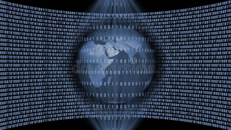 Earth Globe Behind Lines of Binary Code Inside a Light Beam in the ...
