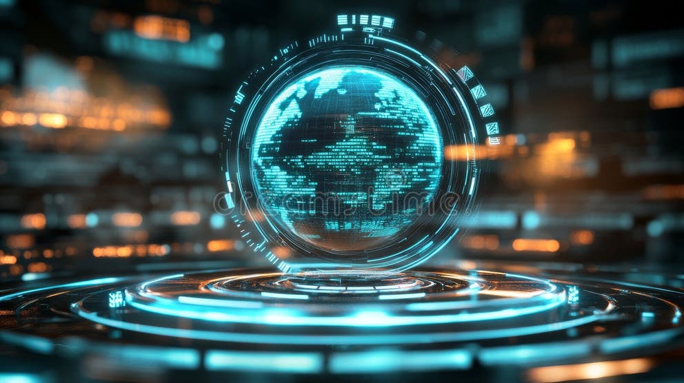An Earth Globe on a Circular Technological Platform, Illuminated with ...